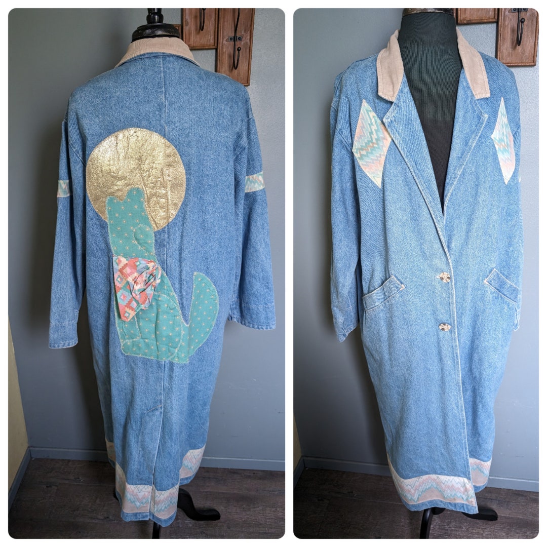 Vintage Wolf Denim Duster Jacket Size Medium, 80s Long Jean Jacket - Etsy