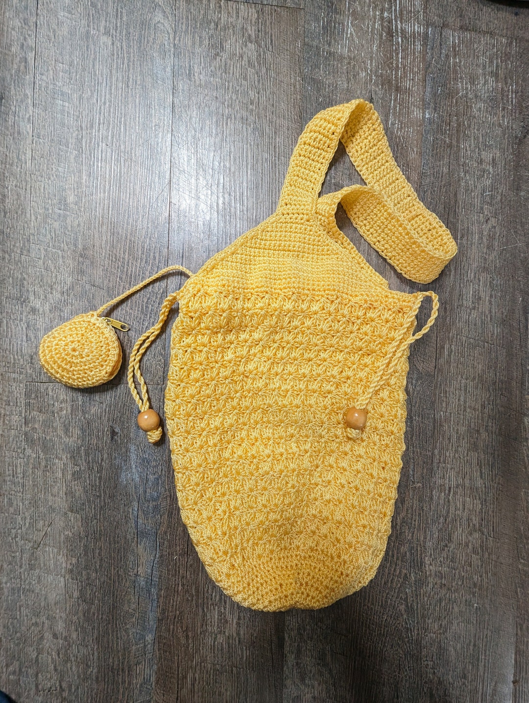 Vintage Drawstring Crochet Purse, Yellow Bohemian Shoulder Bag - Etsy