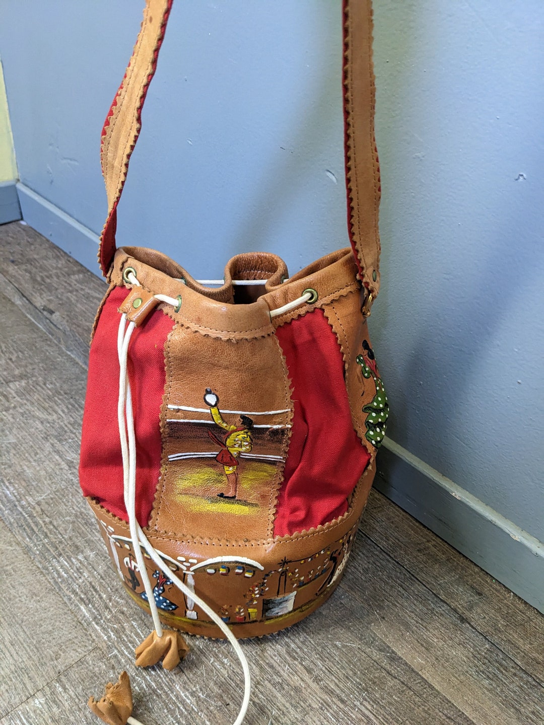 Vintage Spanish Leather Bucket Purse, Hand Painted Mid Century Handbag ...