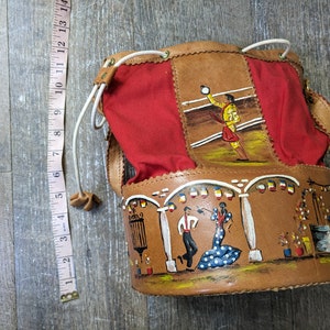 Vintage Spanish Leather Bucket Purse, Hand Painted Mid Century Handbag ...