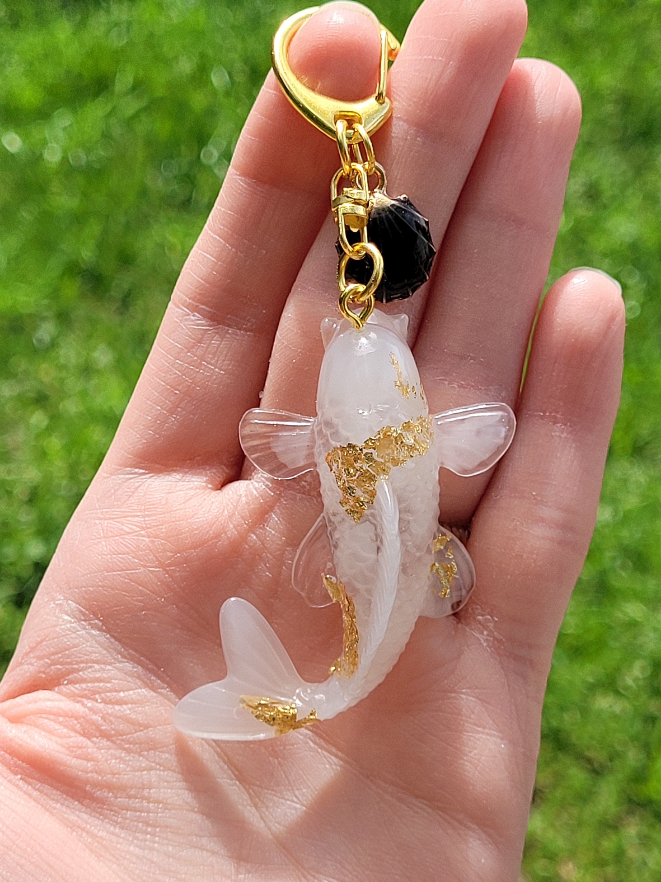 White and Gold Handmade Lucky Koi Fish, Epoxy Resin Keychain, Koi ...