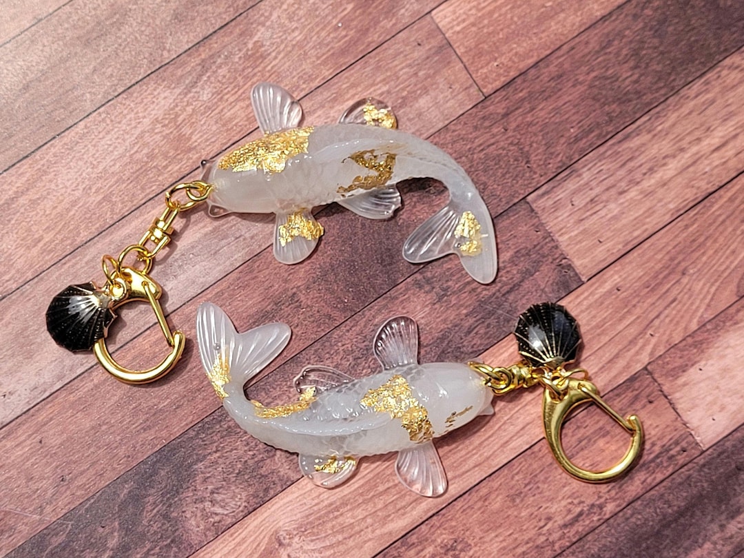 White and Gold Handmade Lucky Koi Fish, Epoxy Resin Keychain, Koi ...