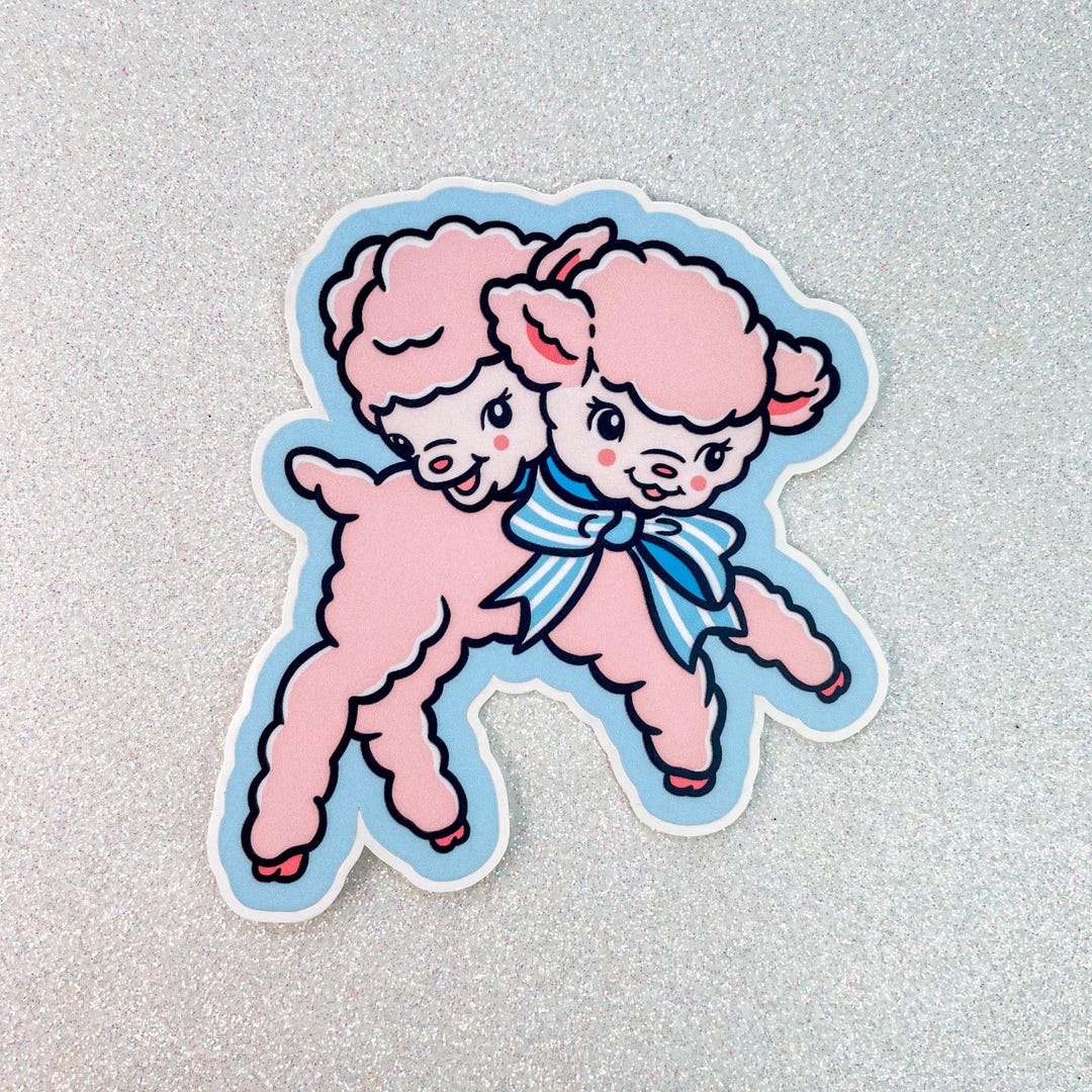Two-headed Lamb Sticker, Kitschy Cute Pink Oddity Two Headed Lamb ...