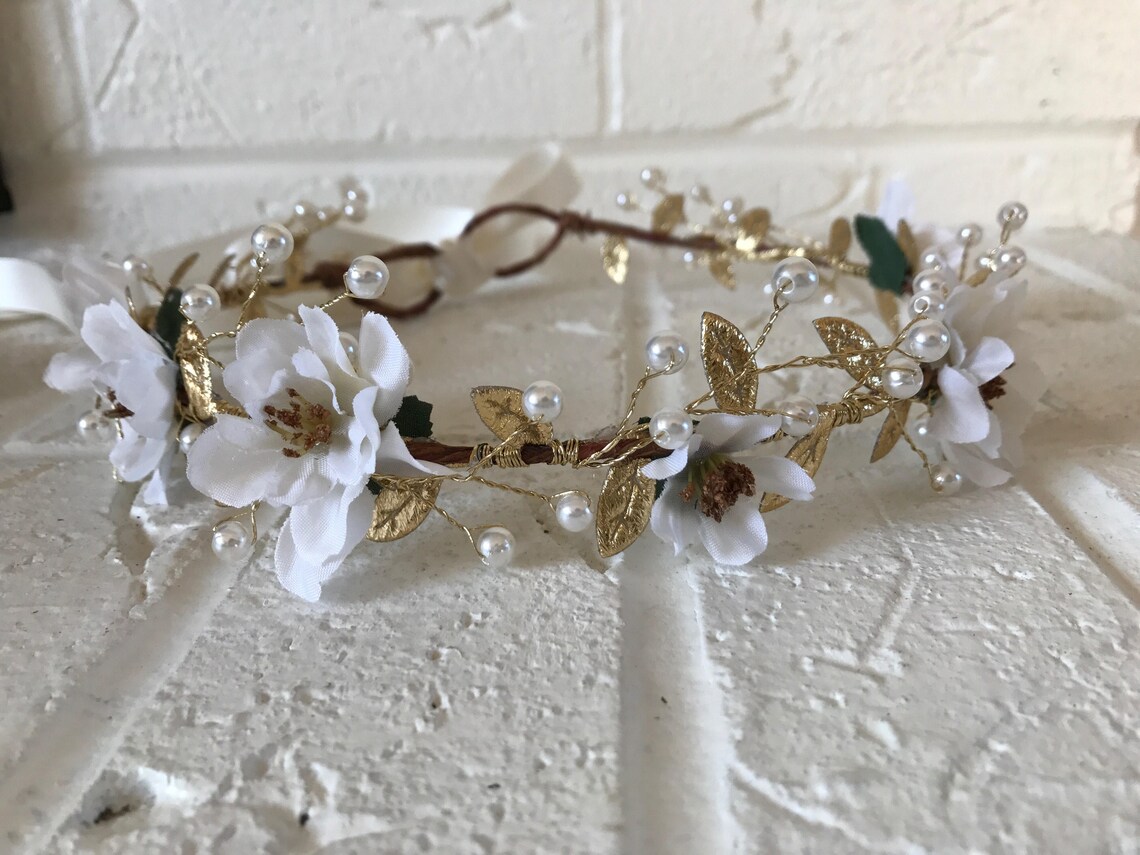 Bridal Flower Crown White and Gold Crown White Wedding | Etsy