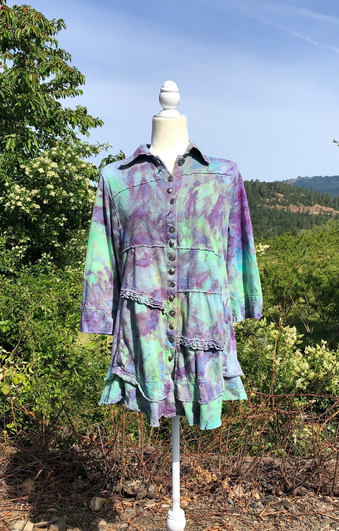 Tie Dye Jersey Button up Shirt, Womens Long Sleeve Cotton Top, Size ...