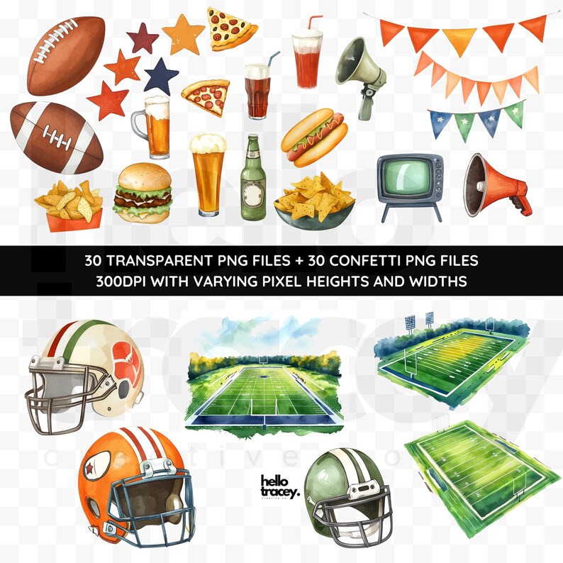 American Football Party Clipart Pack, Watercolor Clip Art, Transparent ...