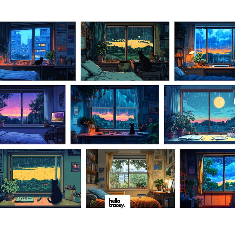 Lofi Rainy Day Bedroom Desktop Wallpapers | Aesthetic Manga Style Neon ...