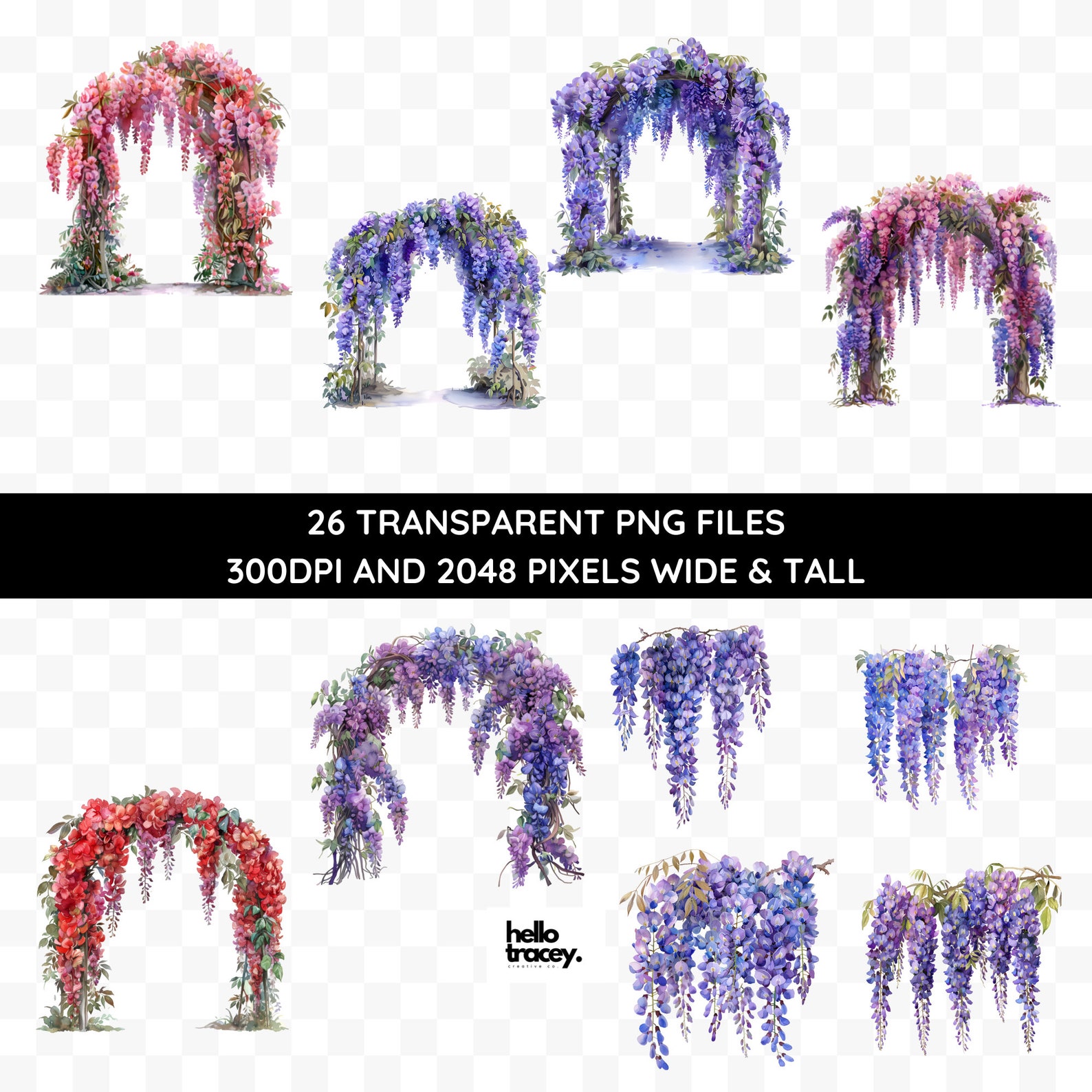 Wisteria Flowers & Arches Clipart Pack, Purple Pink Wisteria Hanging ...