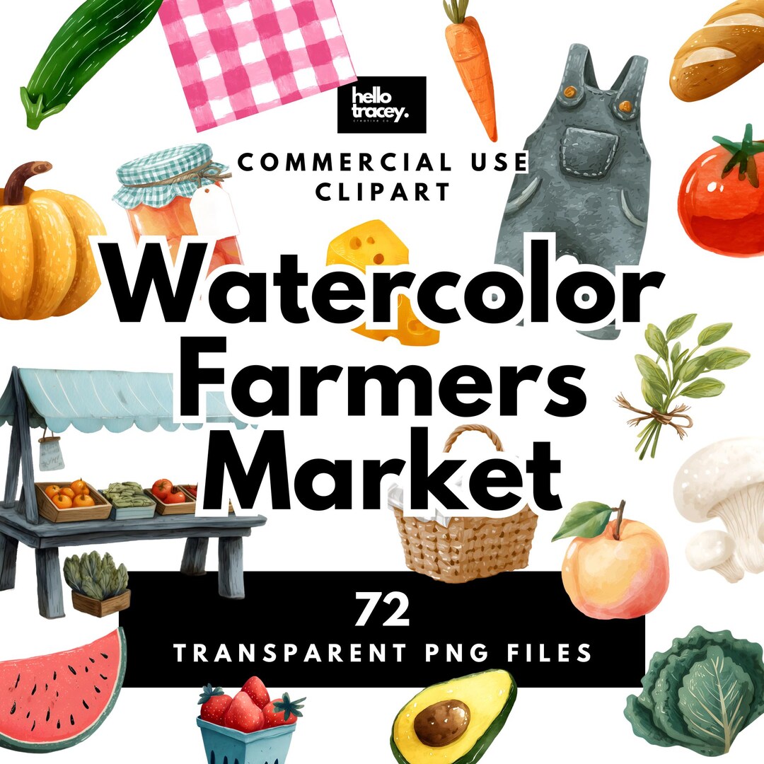 Watercolor Farmers Market Clipart PNG Pack, Food Clip Art for ...