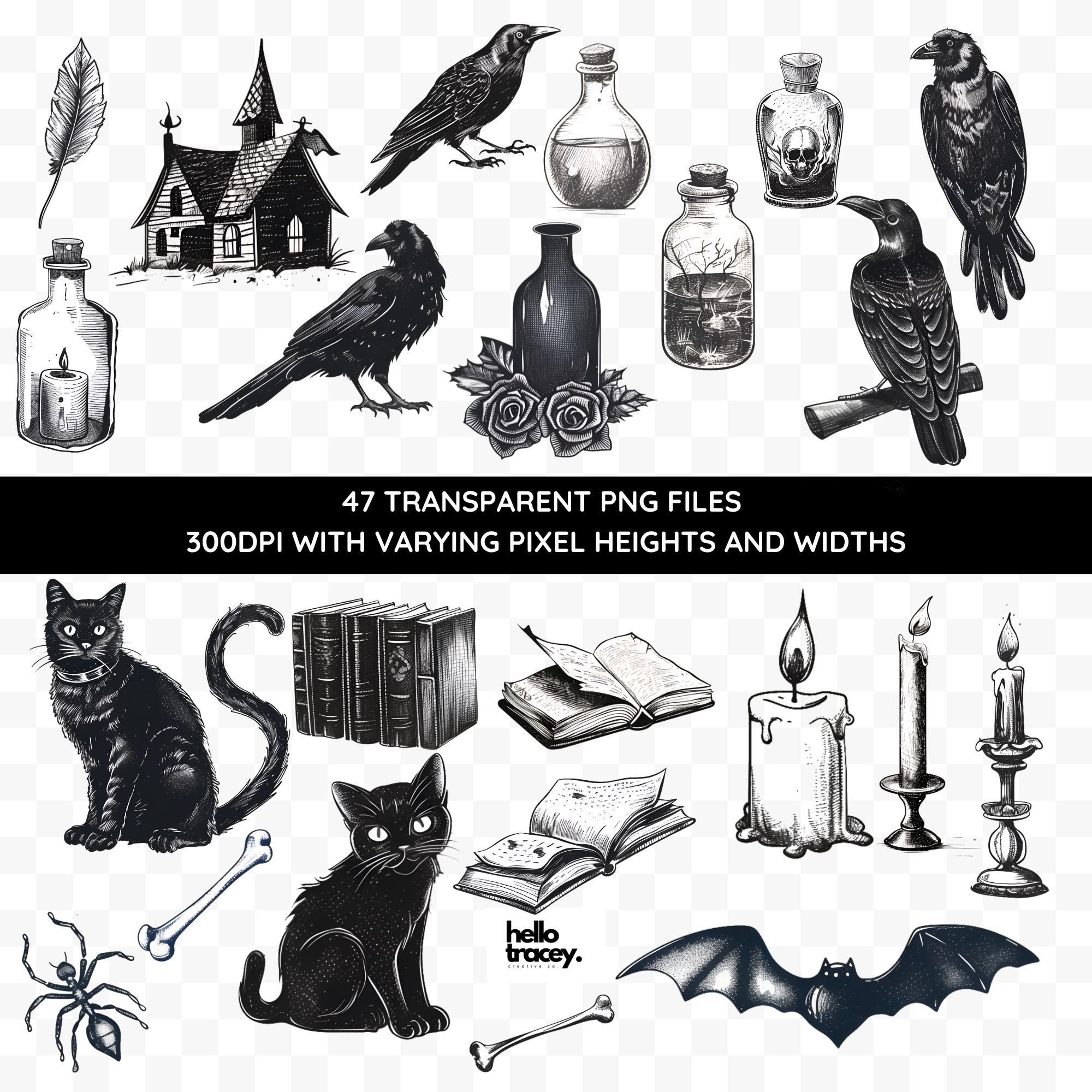 Gothic Black & White Halloween Clipart Pack, Line Art Drawing Spooky ...