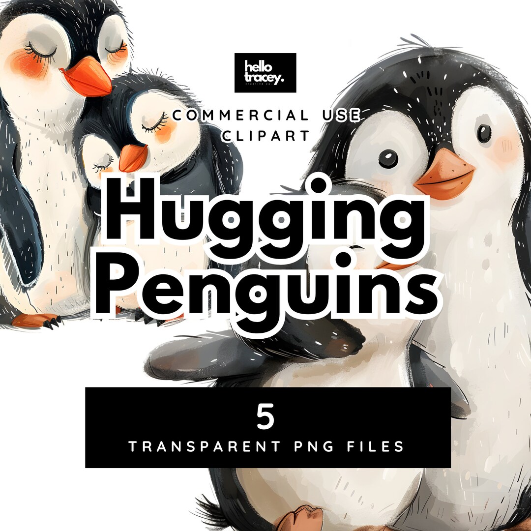 Watercolor Penguins Hugging PNG Clipart Pack, Mama Papa Baby Penguin ...