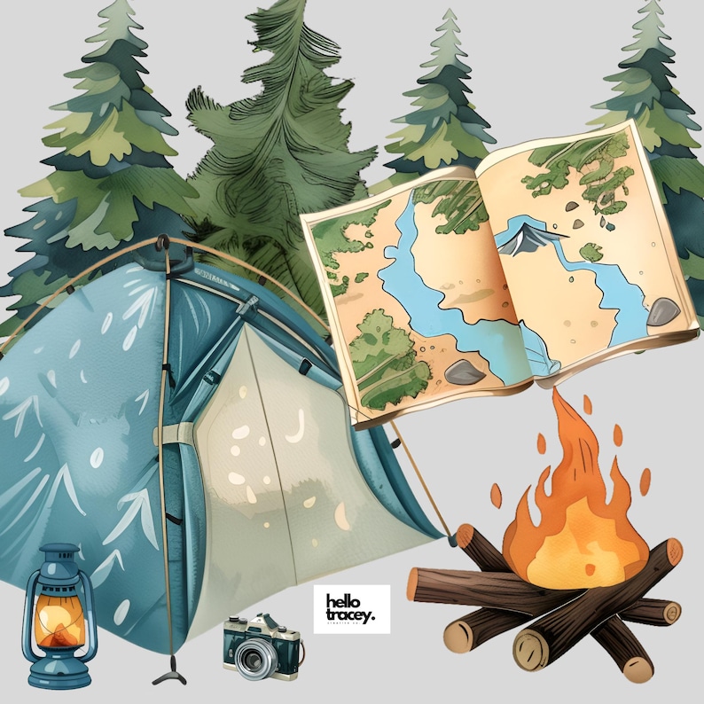 Camping Clipart Pack, Watercolor Clip Art, Commercial Use, Transparent ...