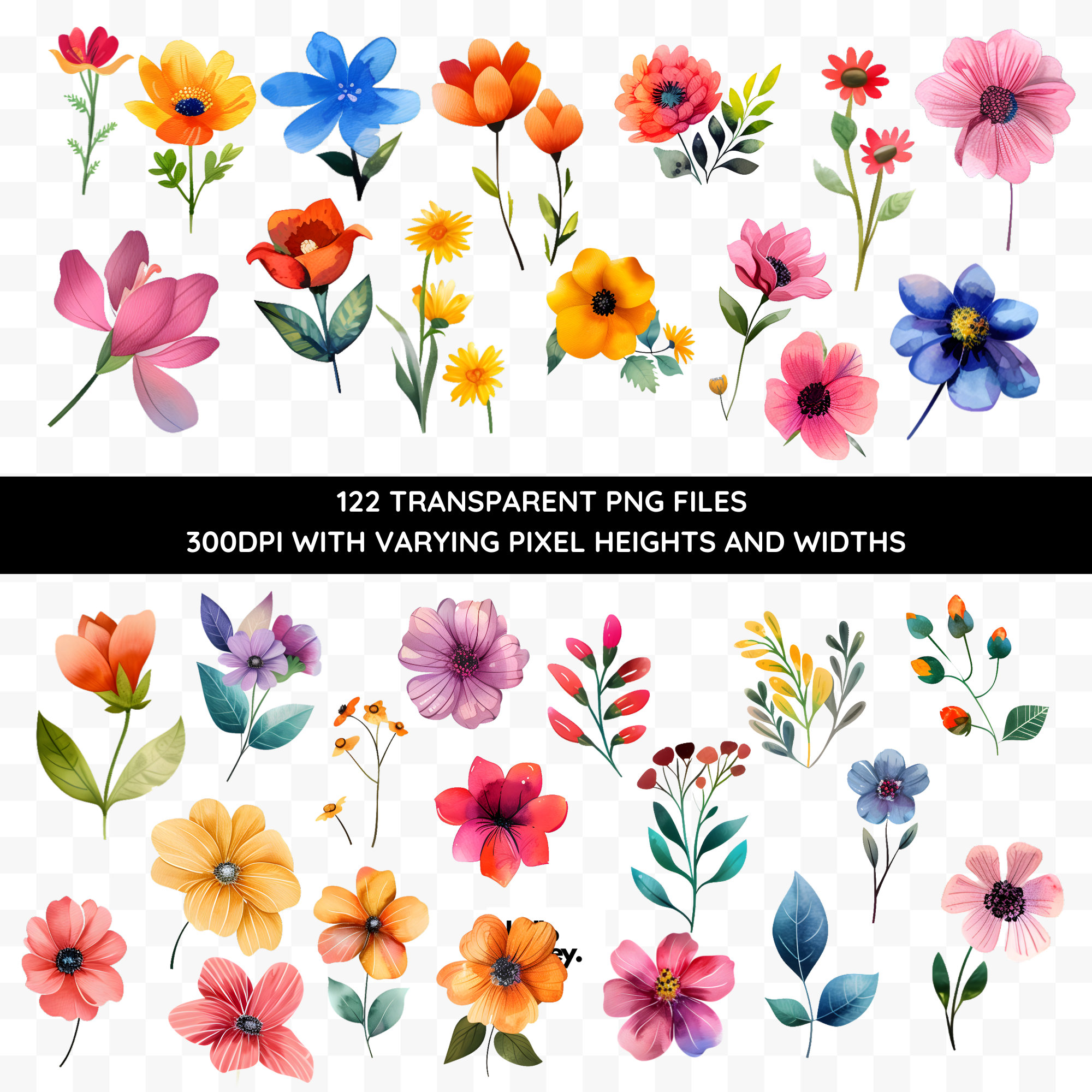 Watercolor Colorful Flowers PNG Clip Art for Commercial Use, Bright ...