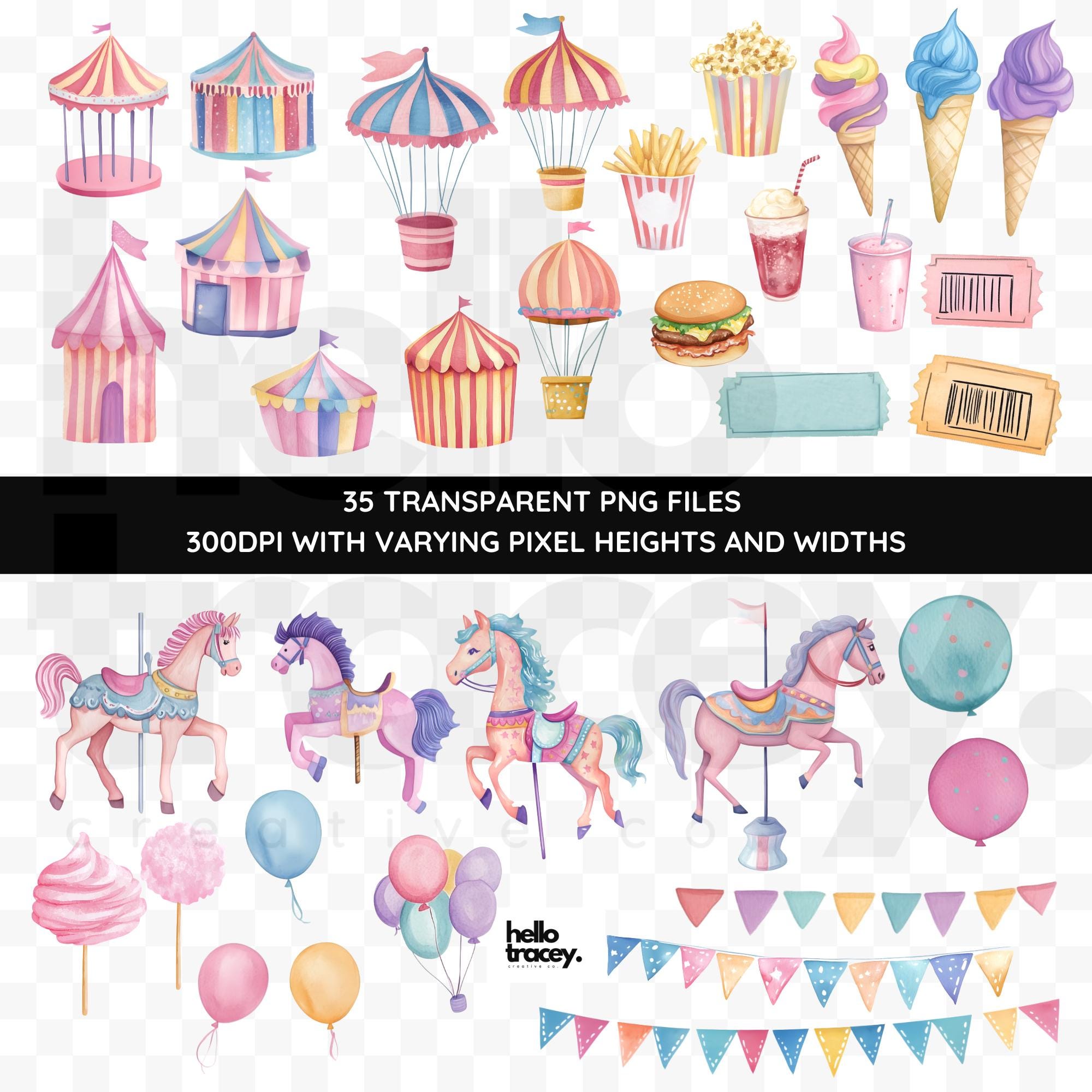 Pastel Watercolor Carnival PNG Clipart, Carousel Horse, Tent, Food ...