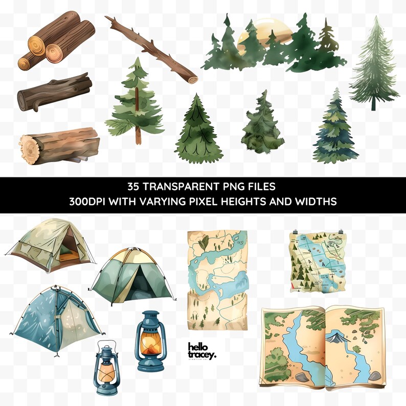 Camping Clipart Pack, Watercolor Clip Art, Commercial Use, Transparent ...
