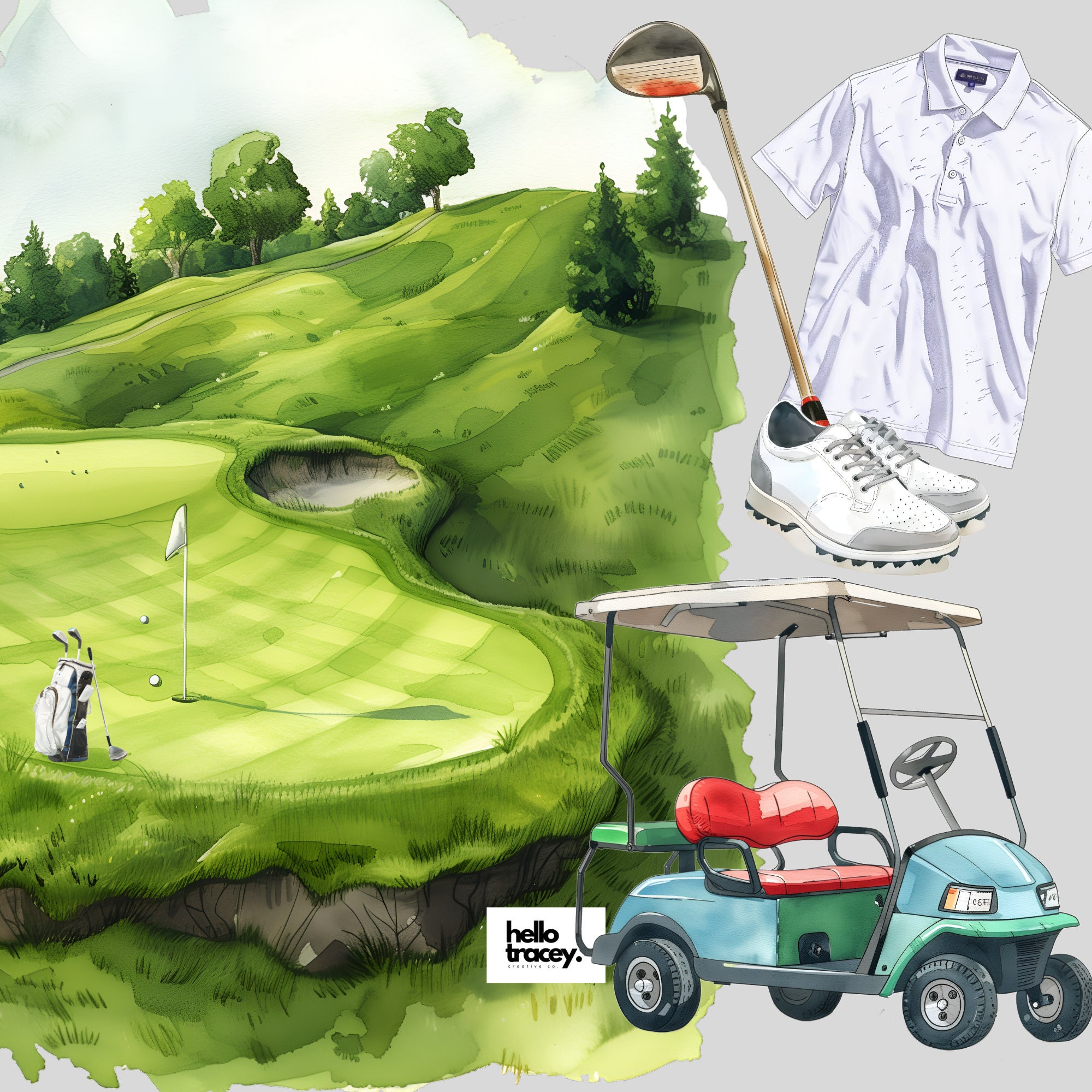 Golf Clipart Pack, Watercolor Clip Art for Commercial Use, Transparent ...