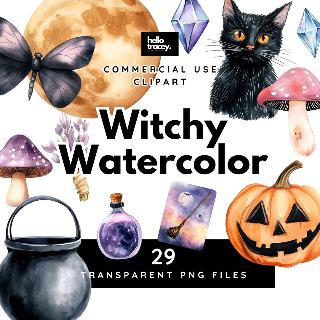 Witchy Watercolor Clipart, Witchcraft Black Cat Mystical Potions Tarot ...