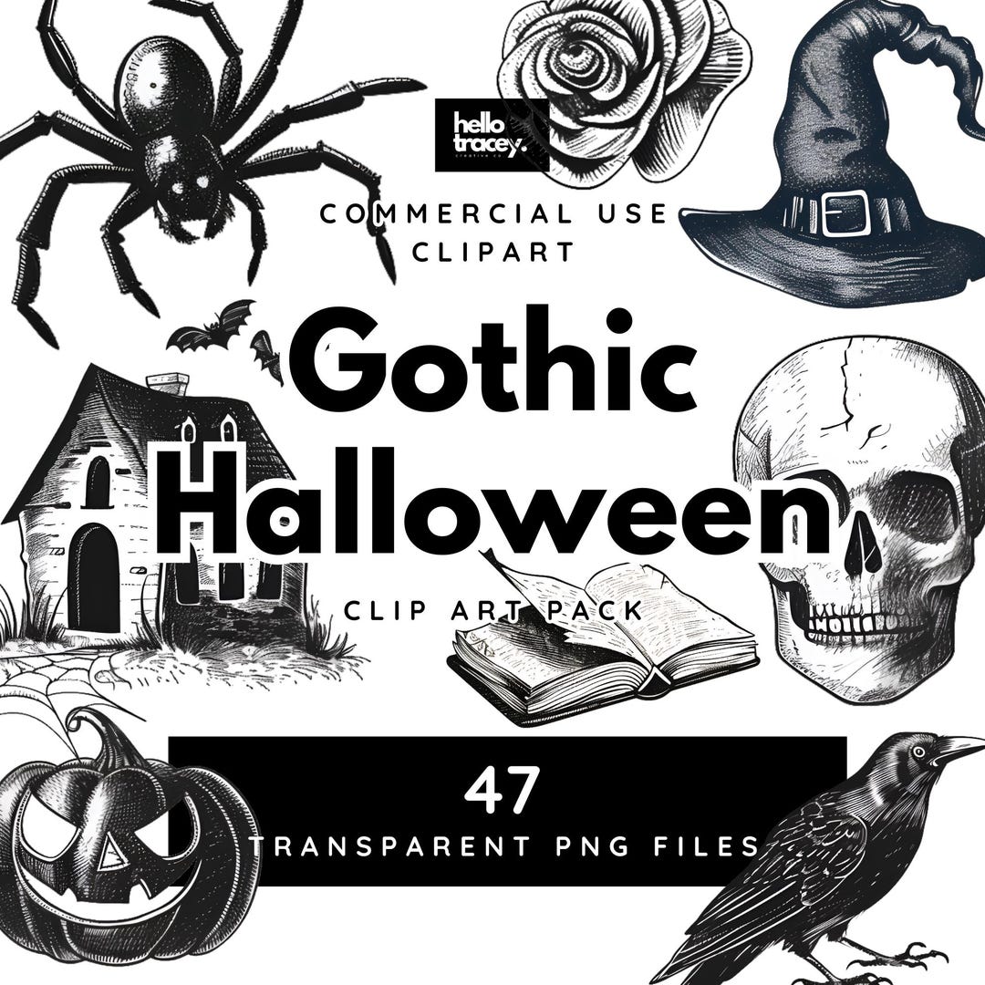 Gothic Black & White Halloween Clipart Pack, Line Art Drawing Spooky ...