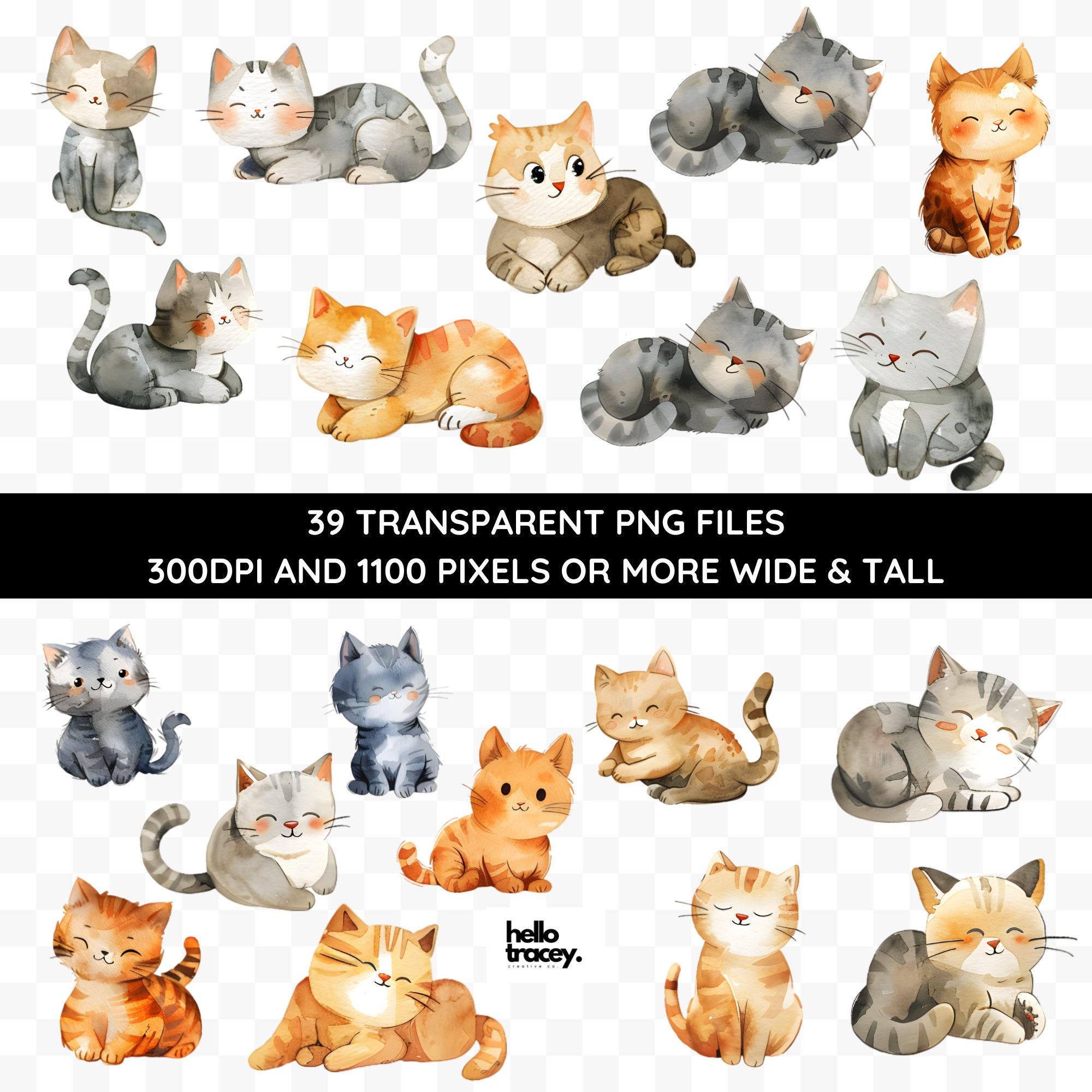 Cute Kawaii Watercolor Cats Clipart Pack, Clip Art for Commercial Use ...