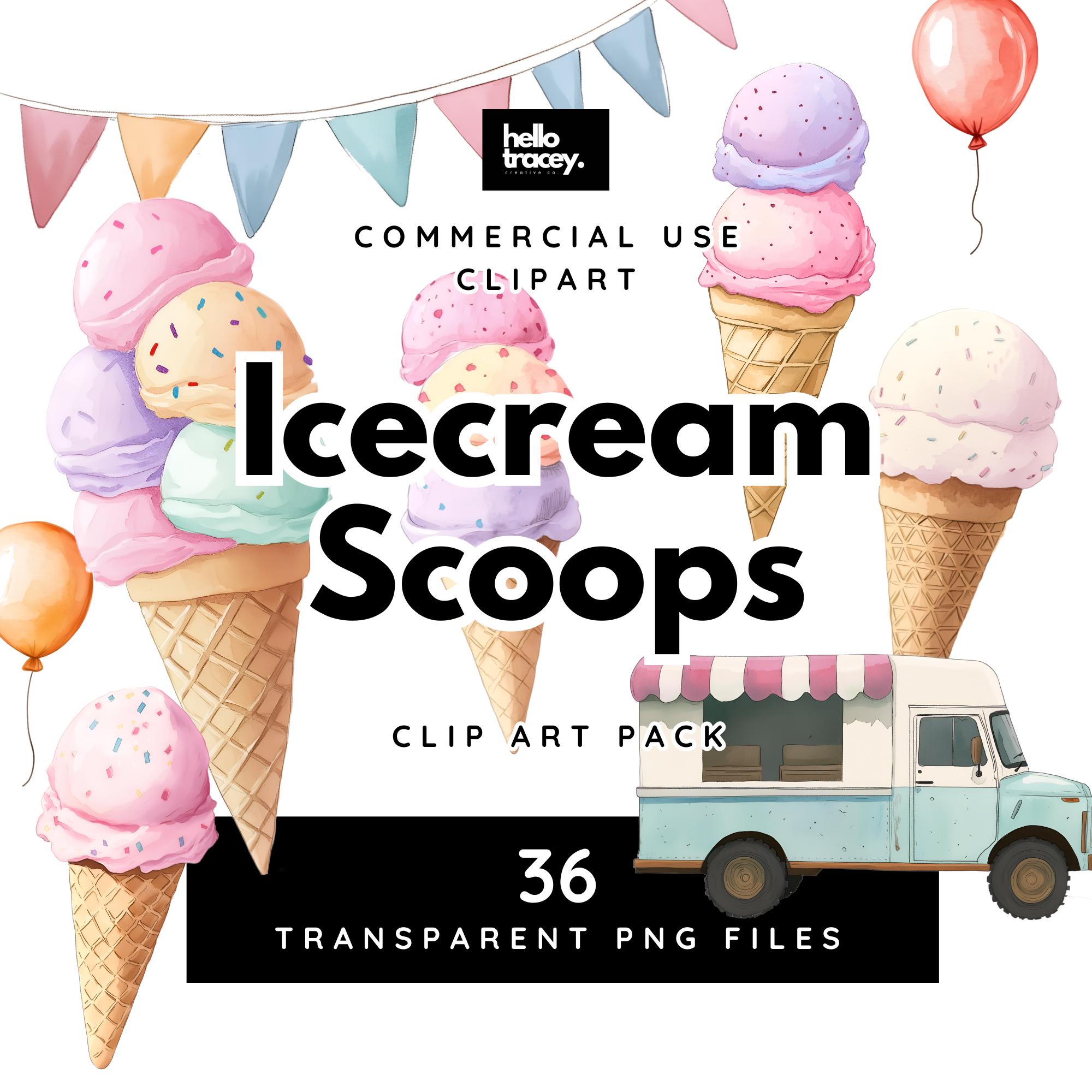 Icecream Cone Scoops Clipart Pack, Watercolor Clip Art, Commercial Use ...