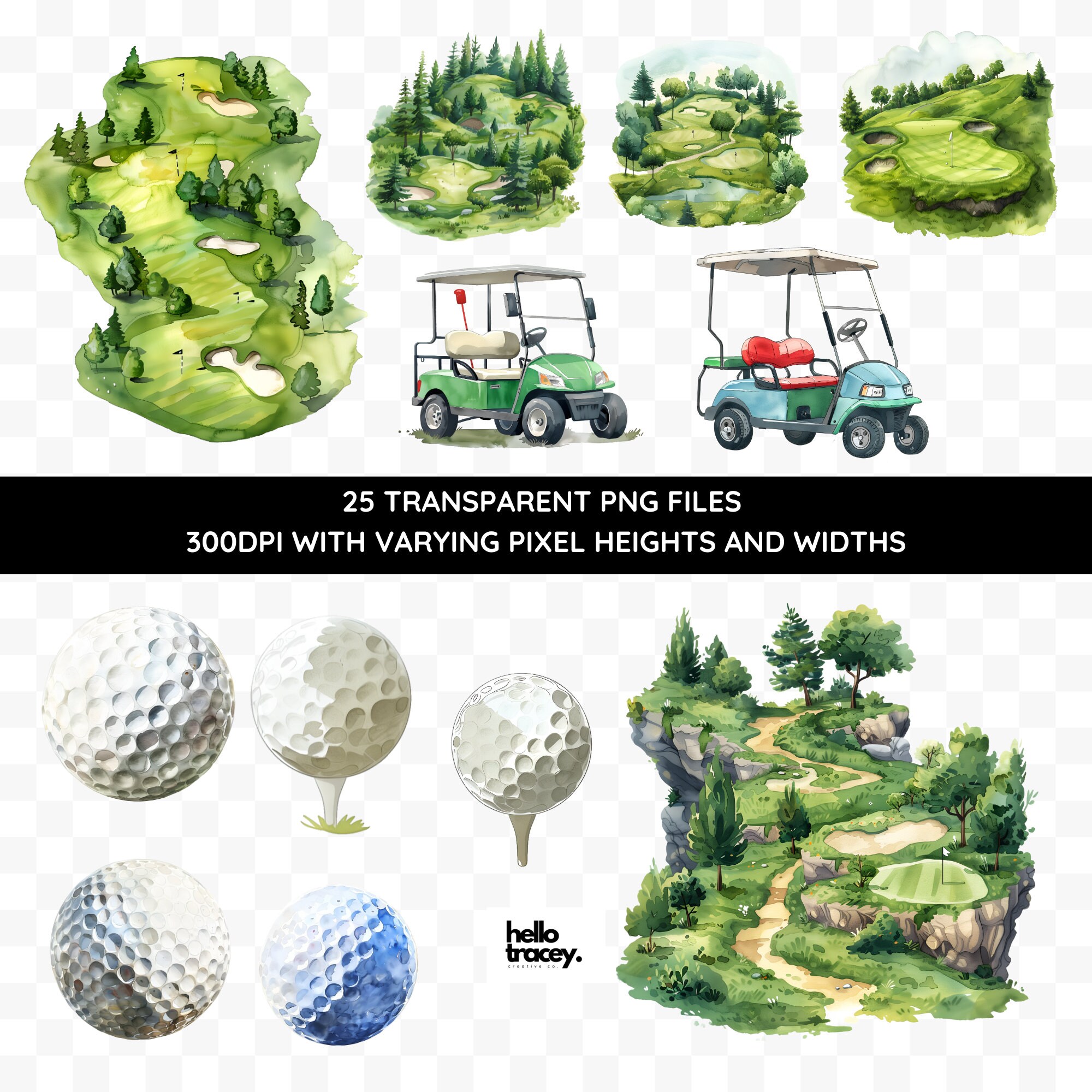 Golf Clipart Pack, Watercolor Clip Art for Commercial Use, Transparent ...