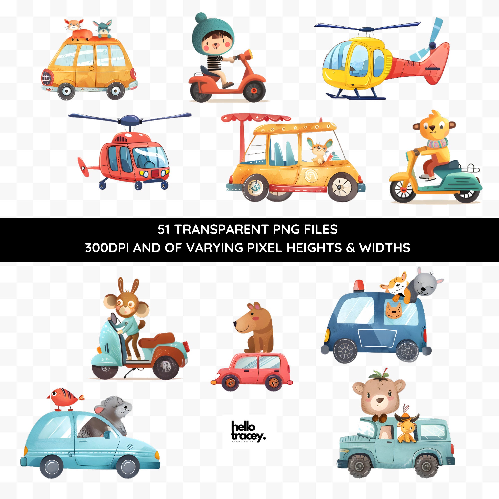 Quirky Animals on Transportation Clipart PNG Pack, Animal on Car Trucks ...