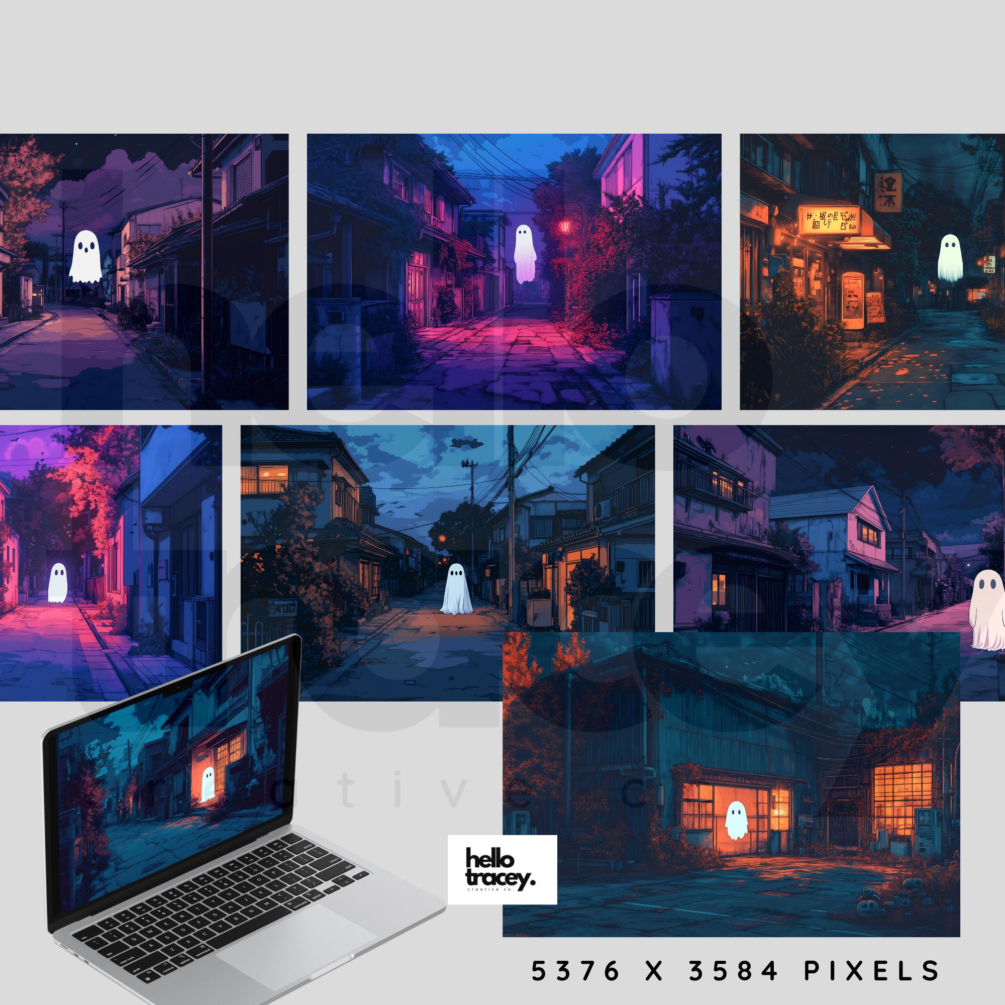 Halloween Ghost Desktop Wallpapers | Aesthetic Manga Style Neon Cute ...