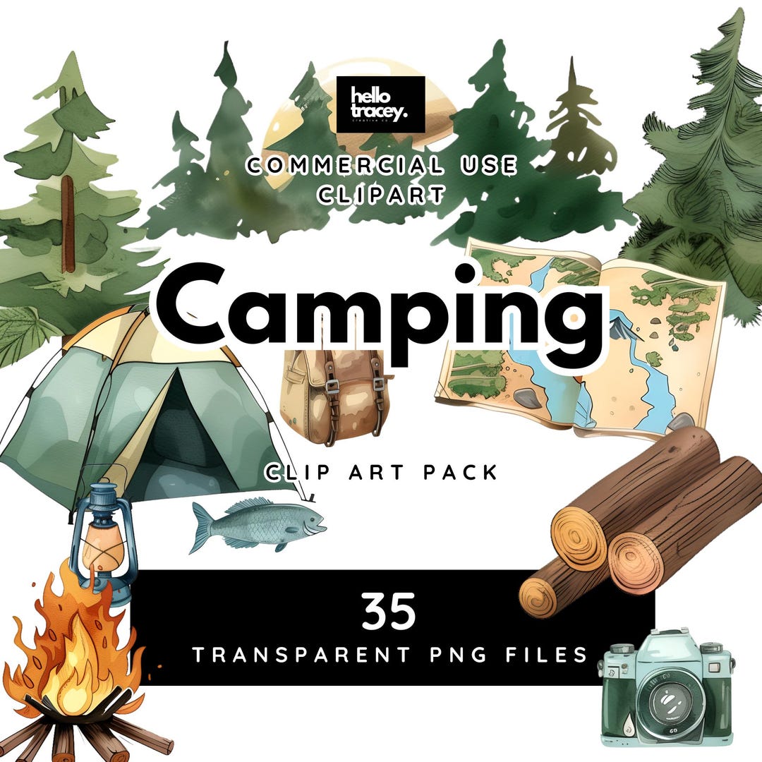 Camping Clipart Pack, Watercolor Clip Art, Commercial Use, Transparent ...