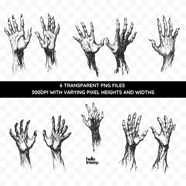Creepy Halloween Monster Hands Clipart, Spooky Scary Hand Drawn Zombie ...
