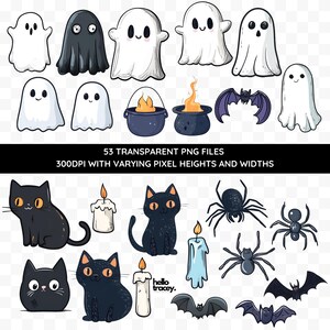 Cute Halloween Clipart, Pumpkins Ghosts Spiderwebs Black Cat Stars Moon ...
