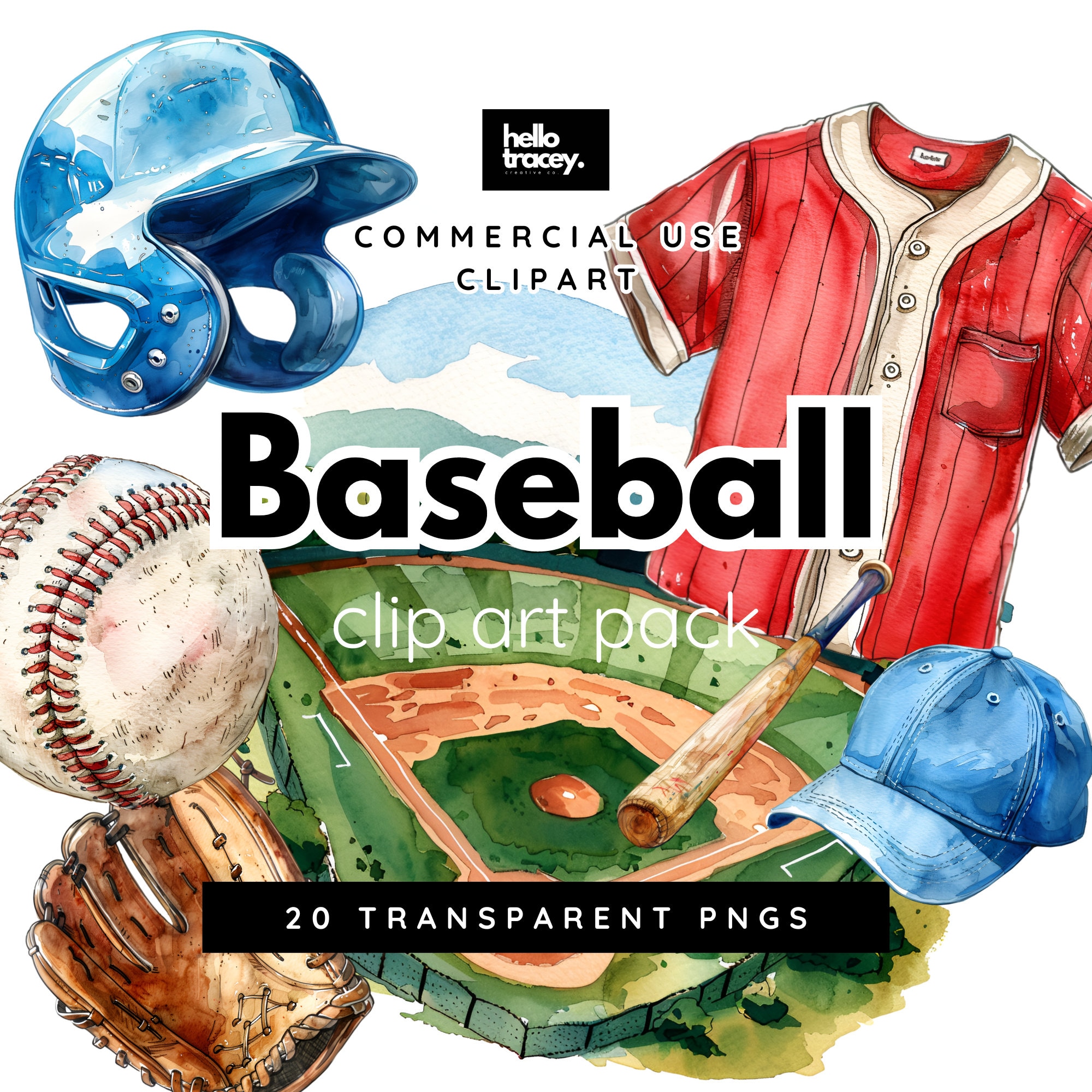 Baseball Clipart Pack, Watercolor Clip Art for Personal or Commercial ...