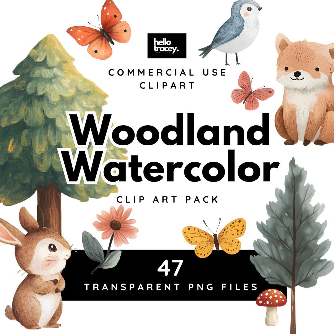Woodland Watercolor Clipart PNG Pack, Forest Animal Trees Fox ...