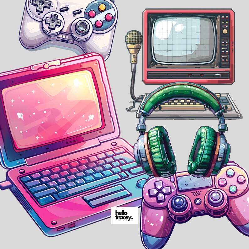 Retro Pixel Gaming Clipart Pack, Teen Gamer Clip Art for Commercial Use ...