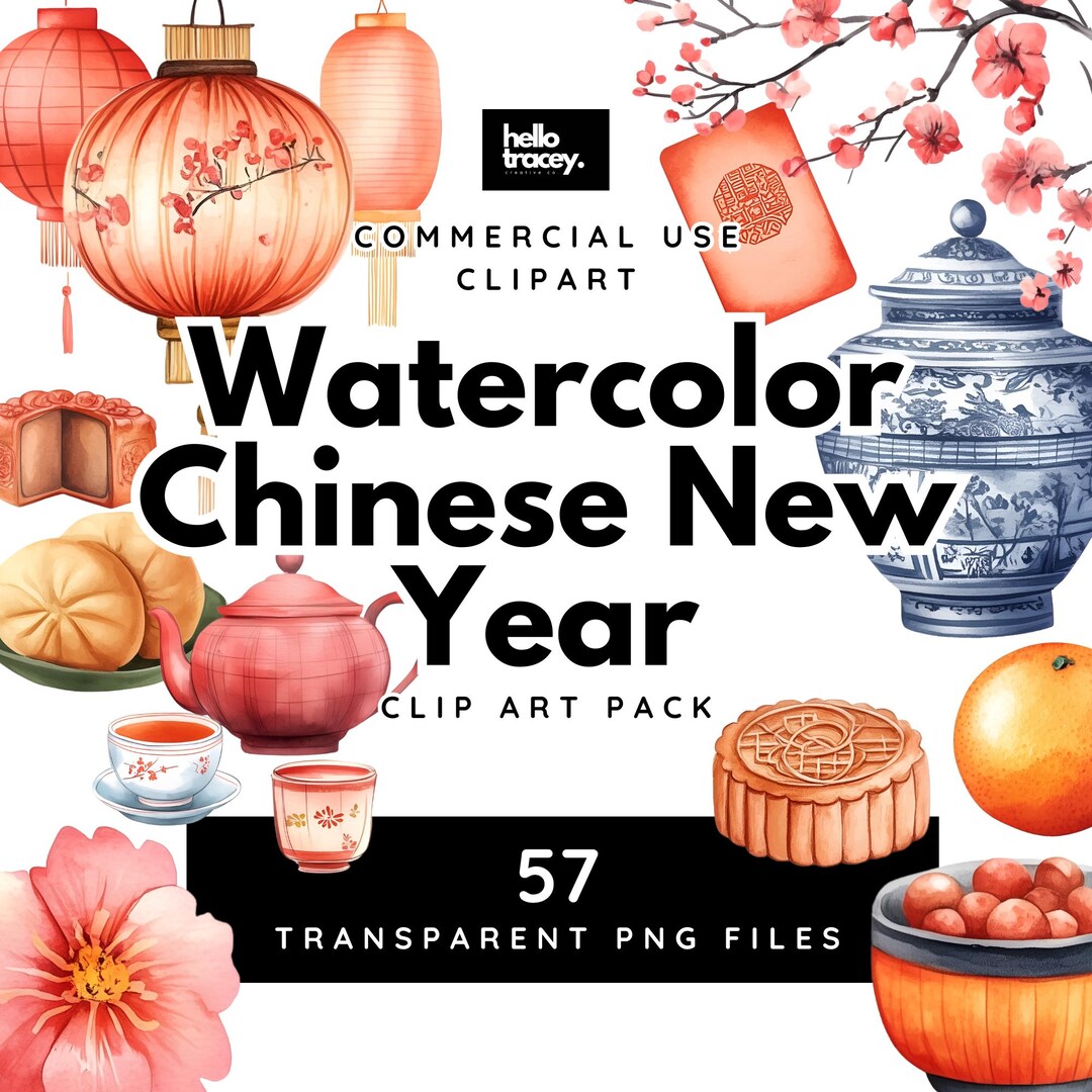 Watercolor Chinese New Year PNG Clipart, Lantern Cherry Blossoms, Tea ...