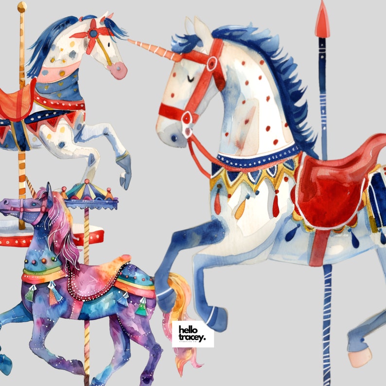 Carousel Horse Clipart Pack, Watercolor Clip Art for Person or ...