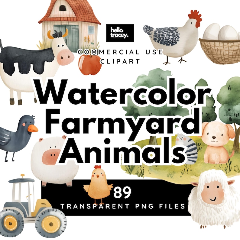 Watercolor Farm Yard Animals Clipart PNG Pack, Farm Animal Clip Art for ...