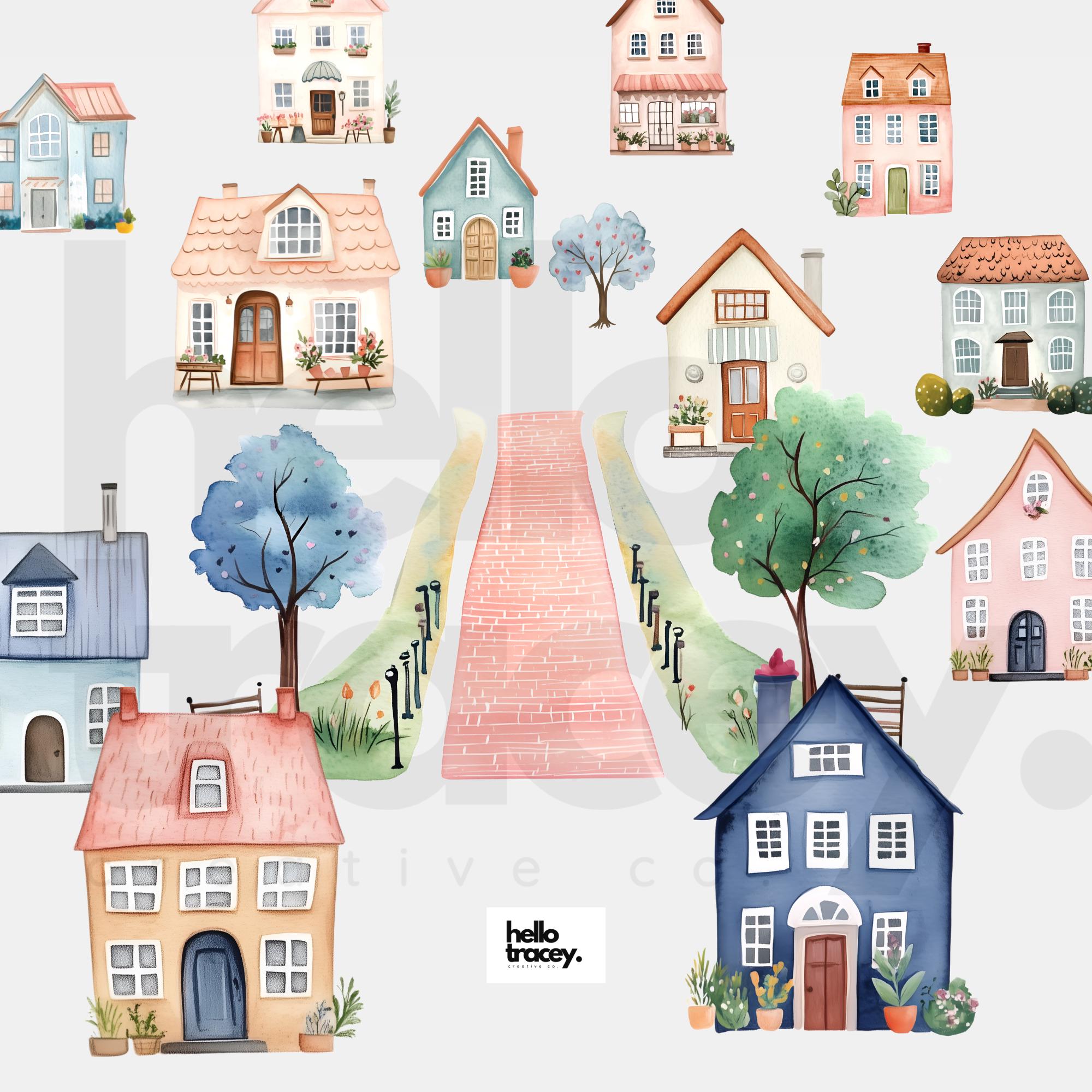 Cute Watercolor Houses PNG Clipart, Watercolor Town Homes Trees Roads ...
