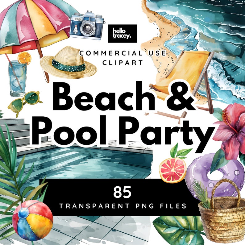 Beach & Pool Party Summer Clipart Pack, Watercolor Clip Art for ...