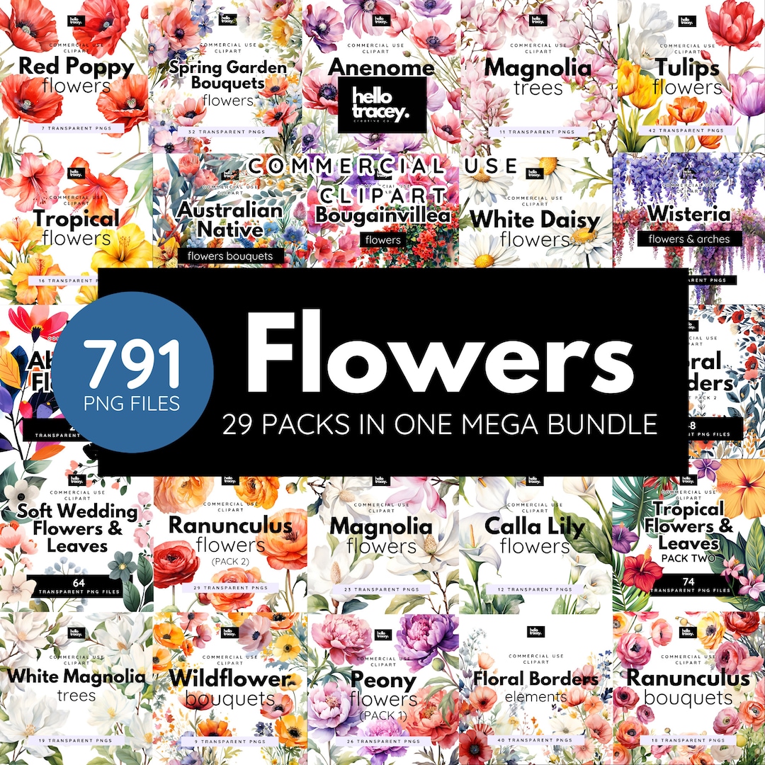 Flower MEGA BUNDLE Clipart Pack, 791 Floral PNG Files, Clip Art for ...