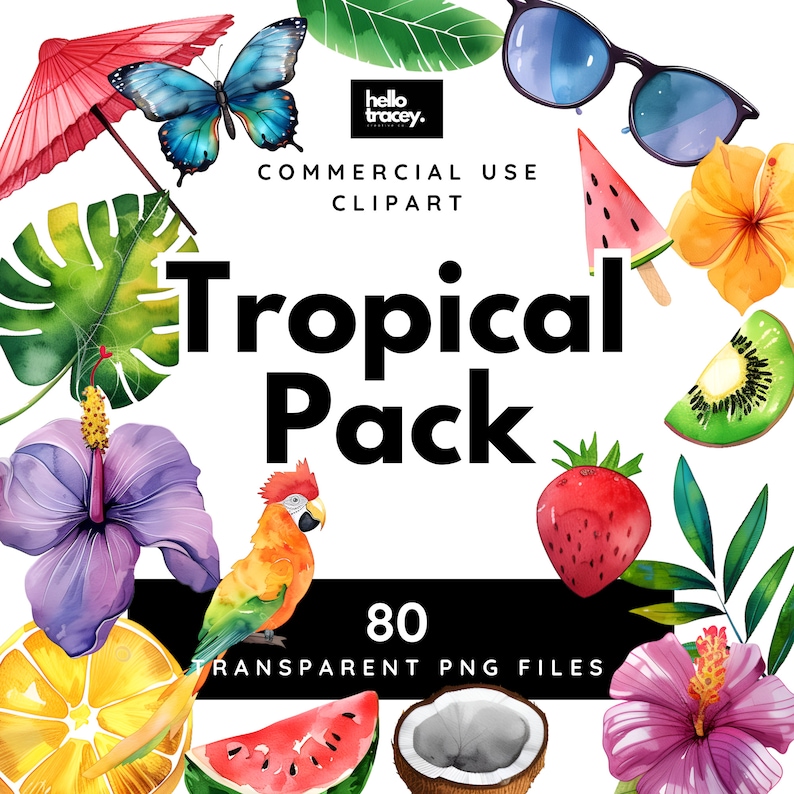 Tropical Elements Clipart Pack, Summer Flowers Birds Fruit Leaves Clip ...