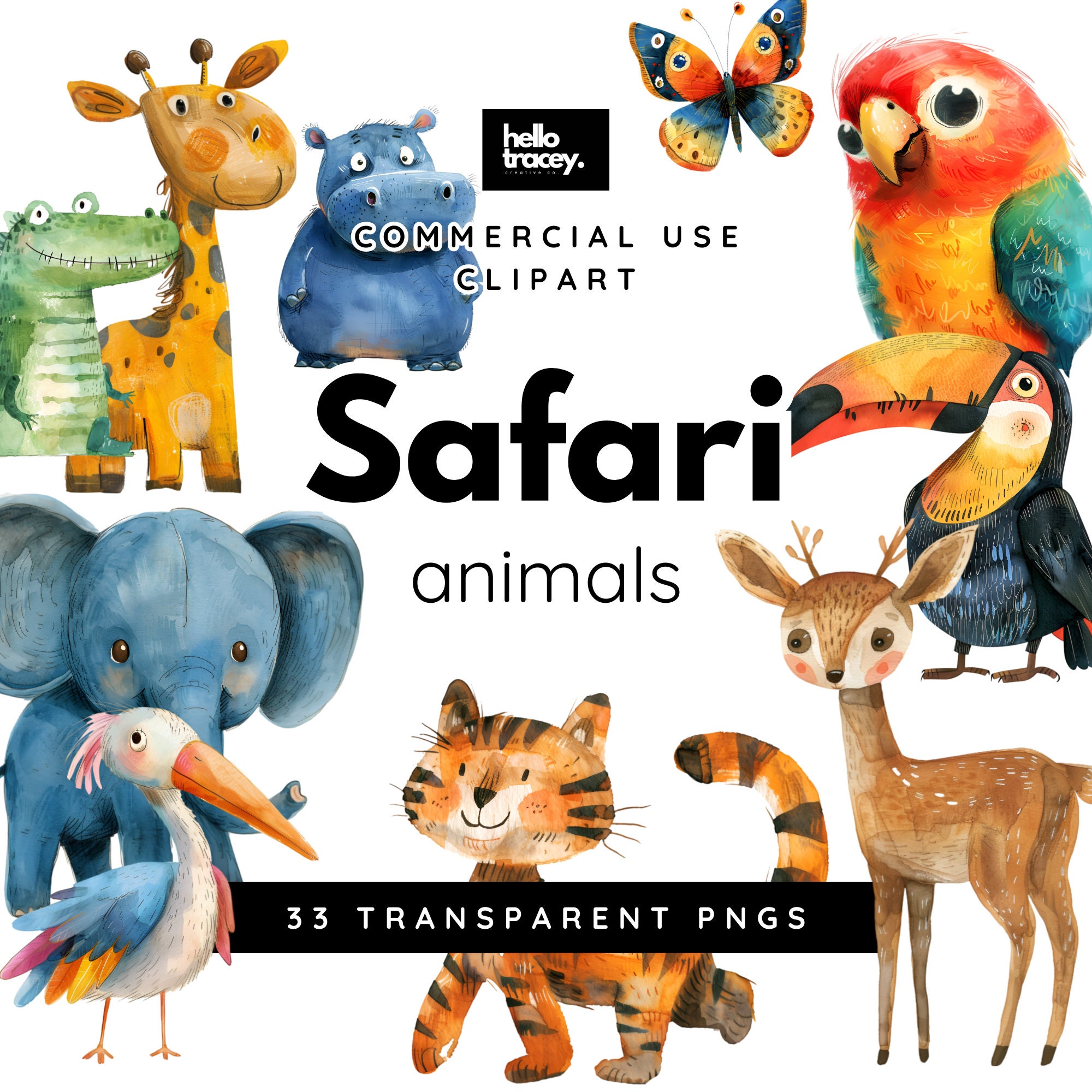 Safari Animals Watercolor Illustration PNG Clipart, Tiger Hippo Toucan ...