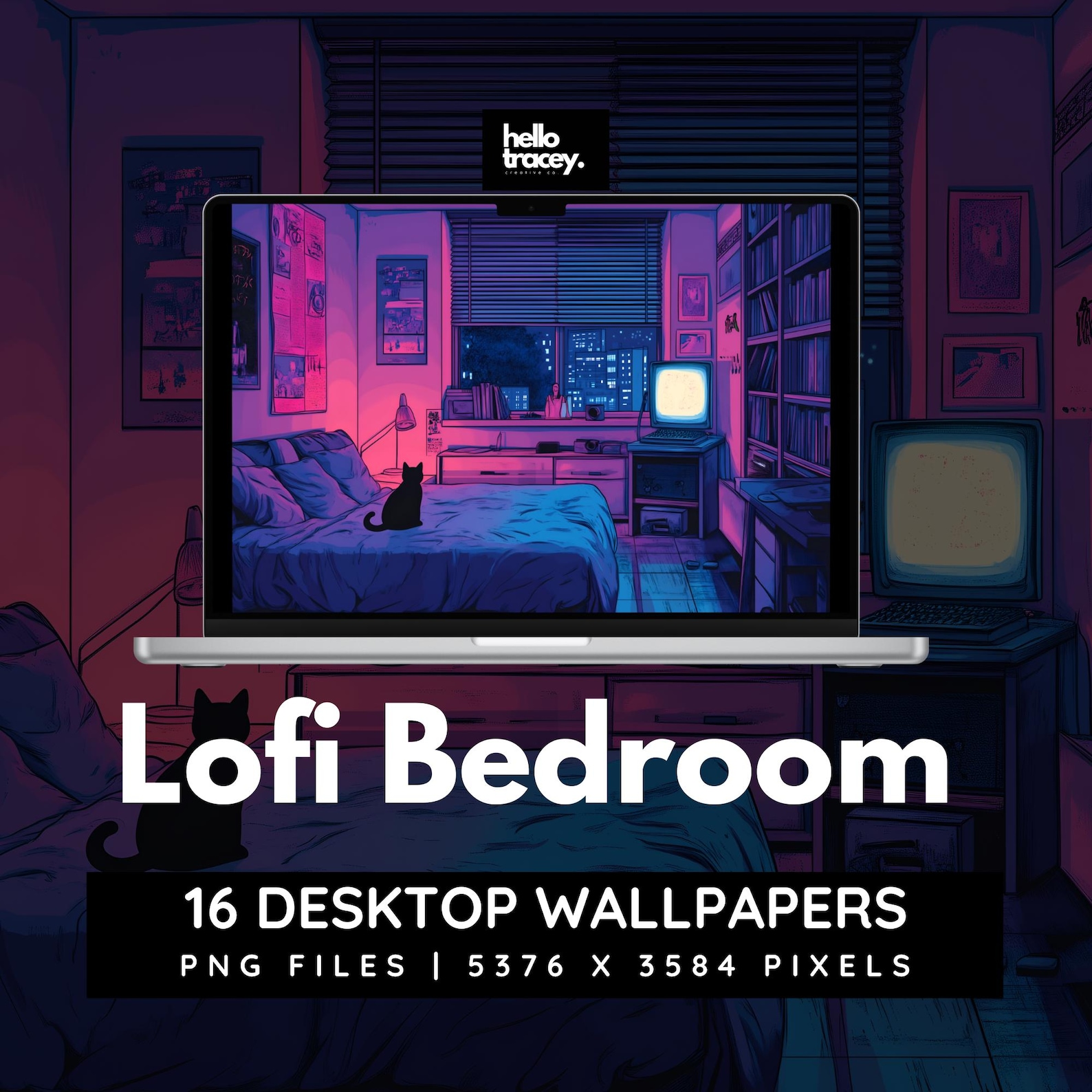 Lofi Bedroom Desktop Wallpapers | Aesthetic Manga Style Neon Black Cat ...
