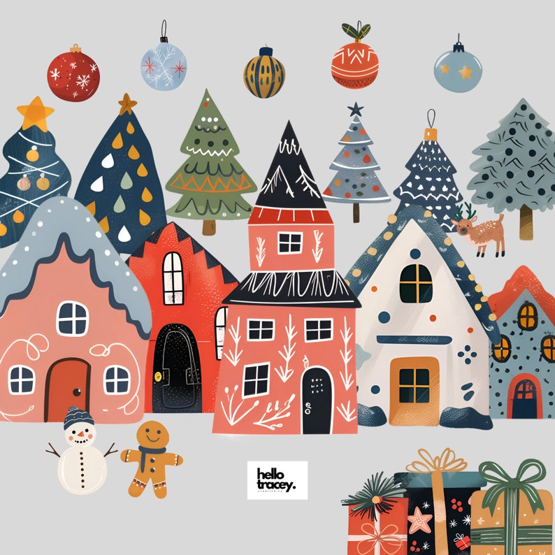 Scandinavian Christmas Village PNG Clipart, Watercolor Xmas Tree Winter ...