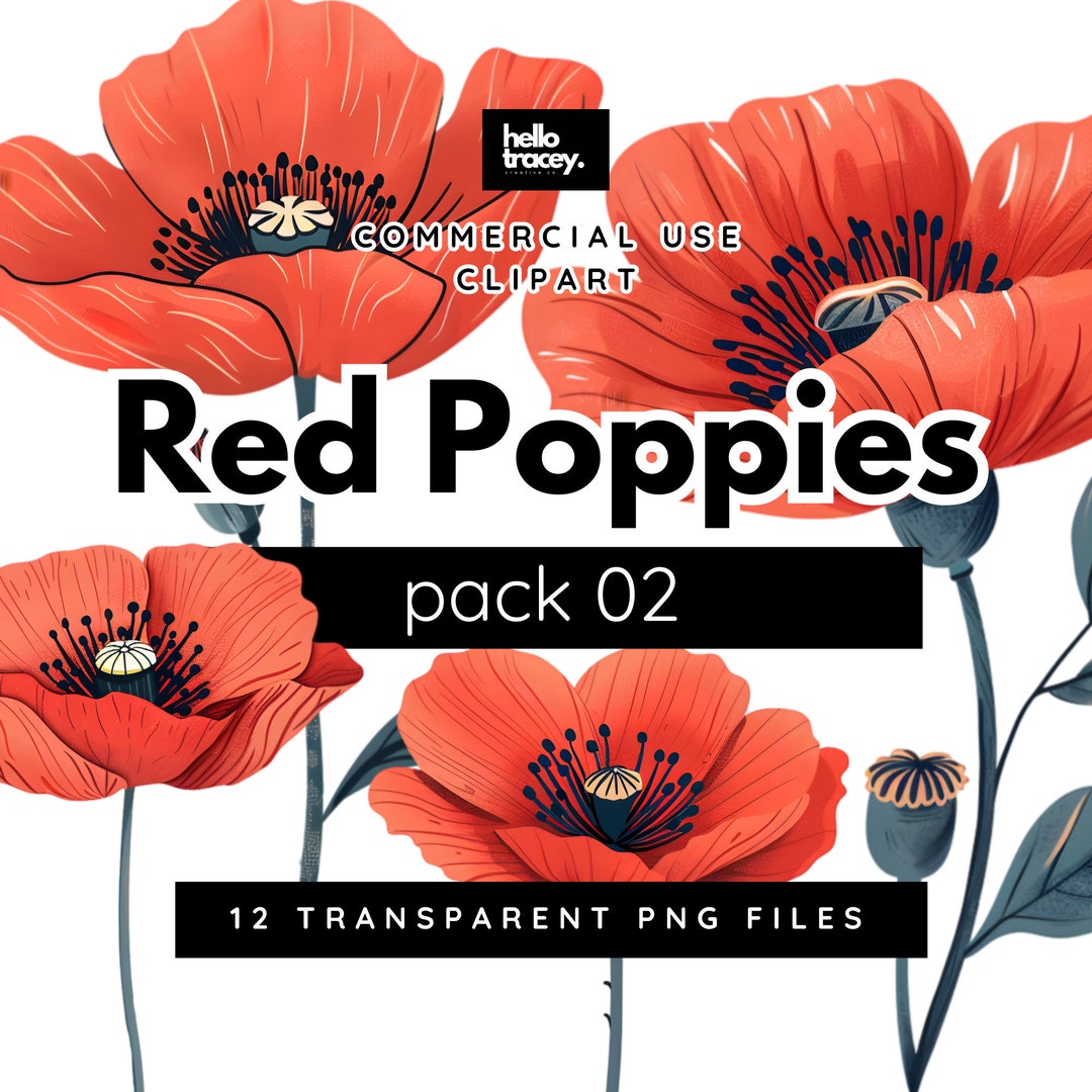 Red Poppy Flower Clipart Pack, Clip Art for Commercial Use, Transparent ...