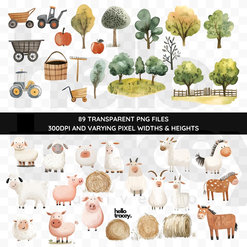 Watercolor Farm Yard Animals Clipart PNG Pack, Farm Animal Clip Art for ...