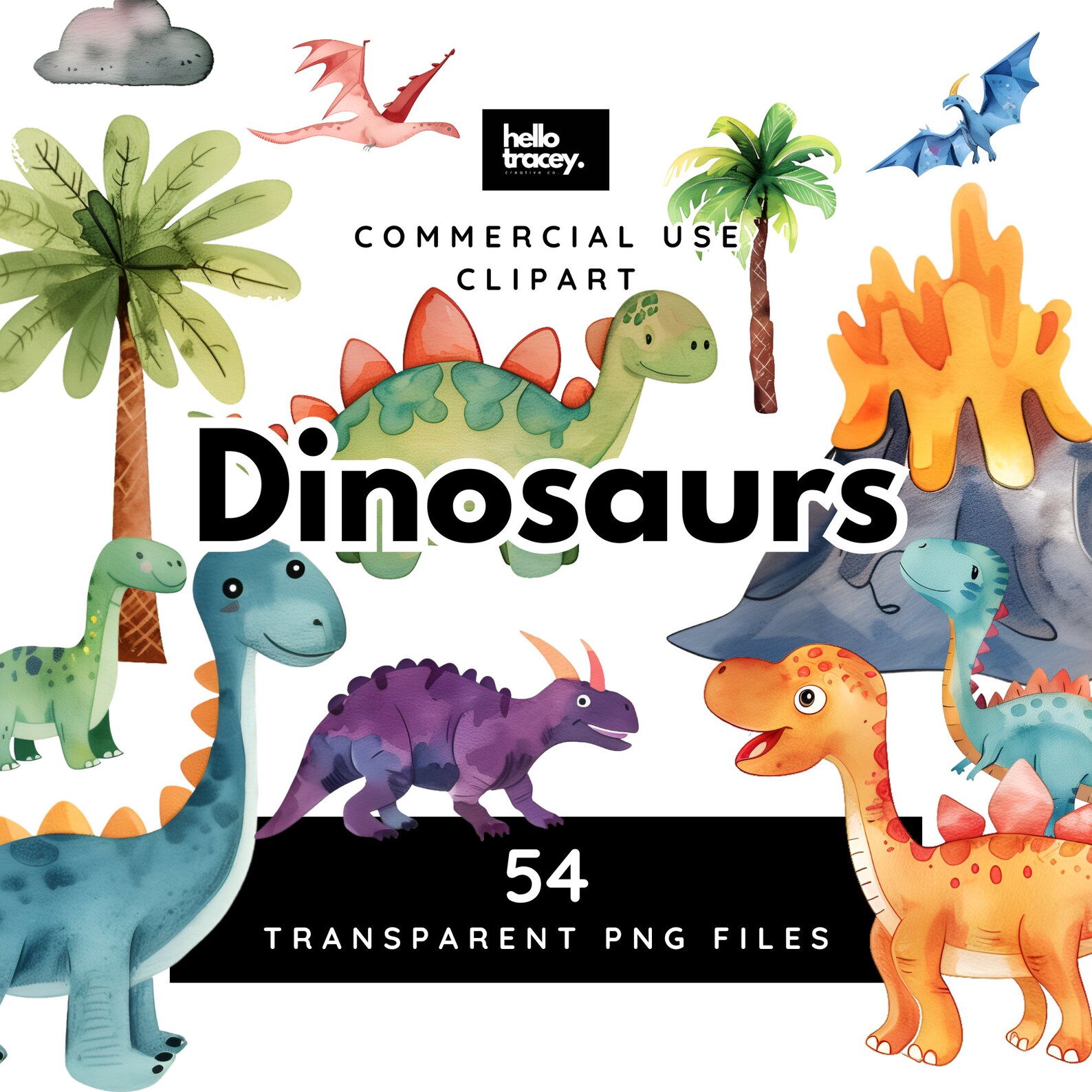 Dinosaur Clipart Pack, Dinosaurs Watercolor Clip Art for Personal or ...