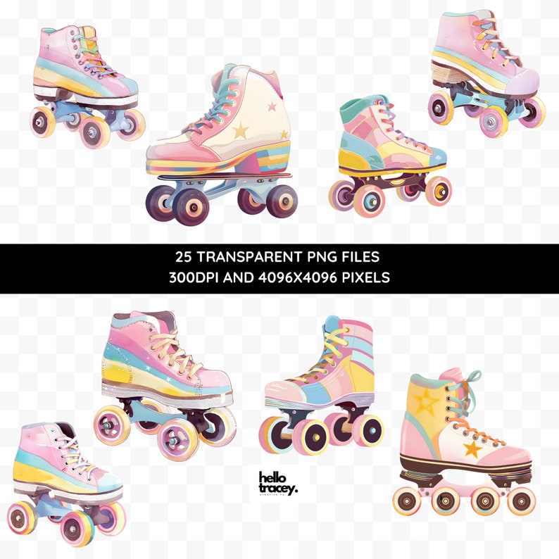 Pastel Rainbow Rollerskate Clipart Pack, Rollerskate Rollerblade Clip ...