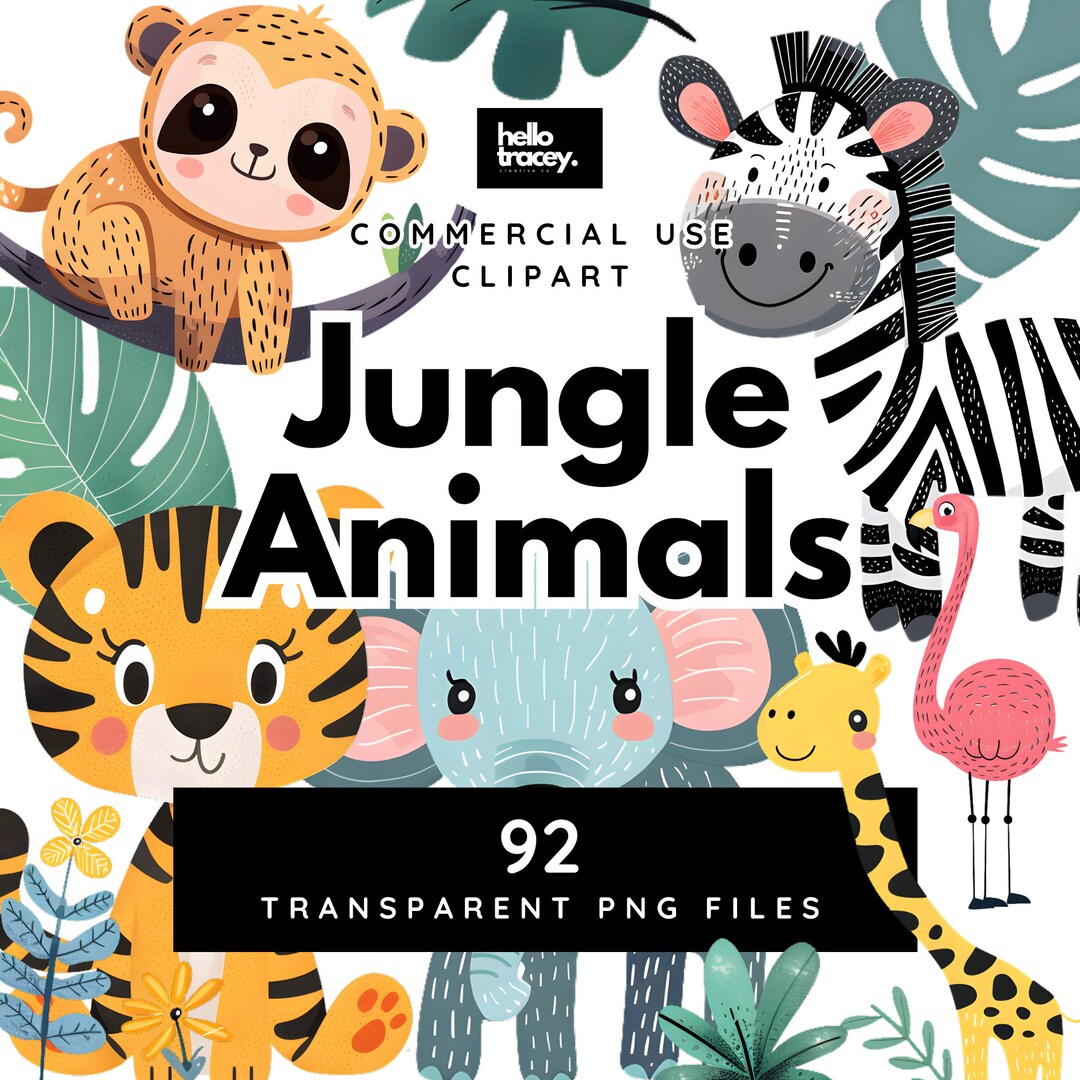 Cute Jungle Animals Clipart PNG Pack, Safari Animal Clip Art for ...
