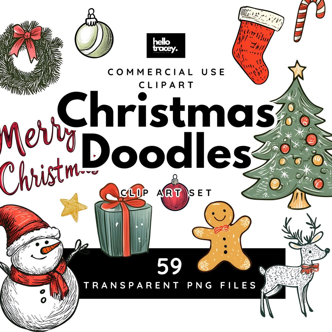 Christmas Doodles Hand Drawn Whimsical PNG Clipart Set, Santa Snowman ...
