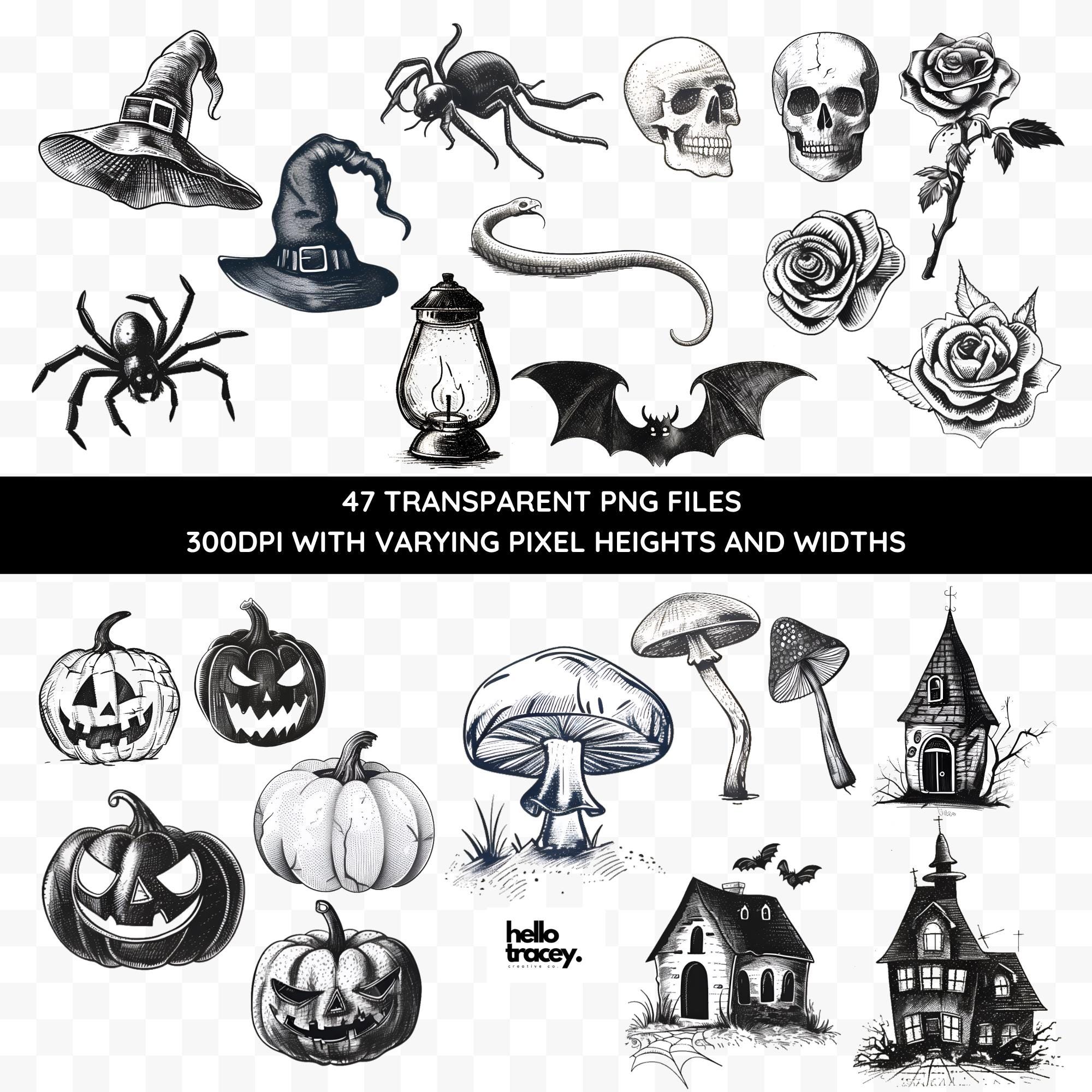 Gothic Black & White Halloween Clipart Pack, Line Art Drawing Spooky ...